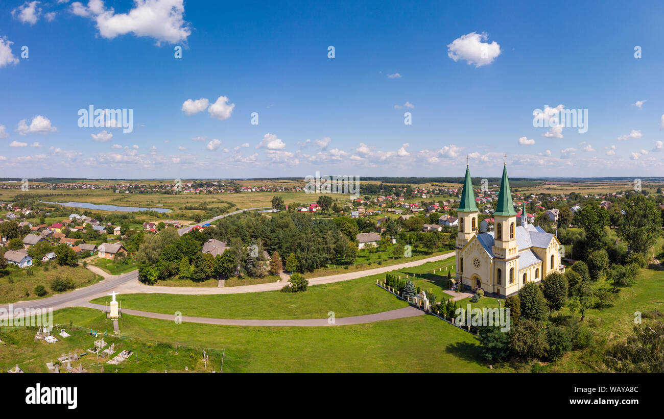 Summer landscape, countryside. Aerial drone view of old church and ...