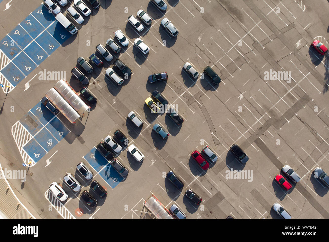 Parking spaces, parking lot, parked cars, aerial view Stock Photo - Alamy