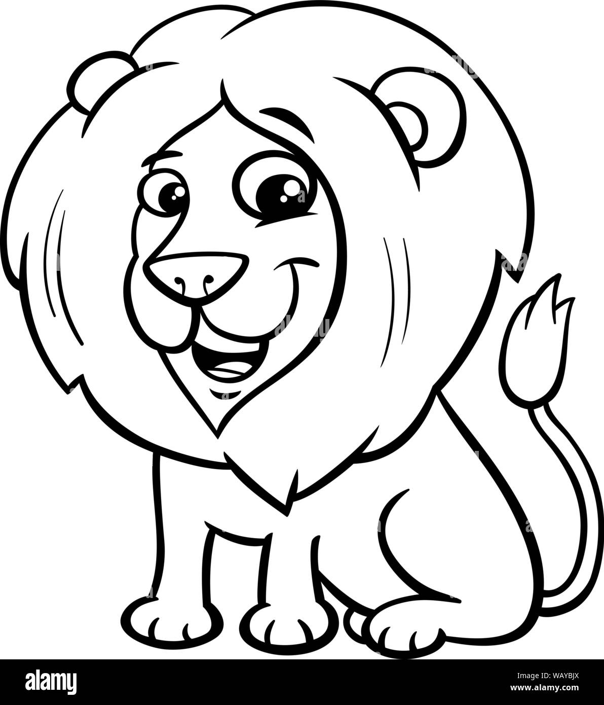 Black and White Cartoon Illustration of Happy Lion Wild Cat Animal ...