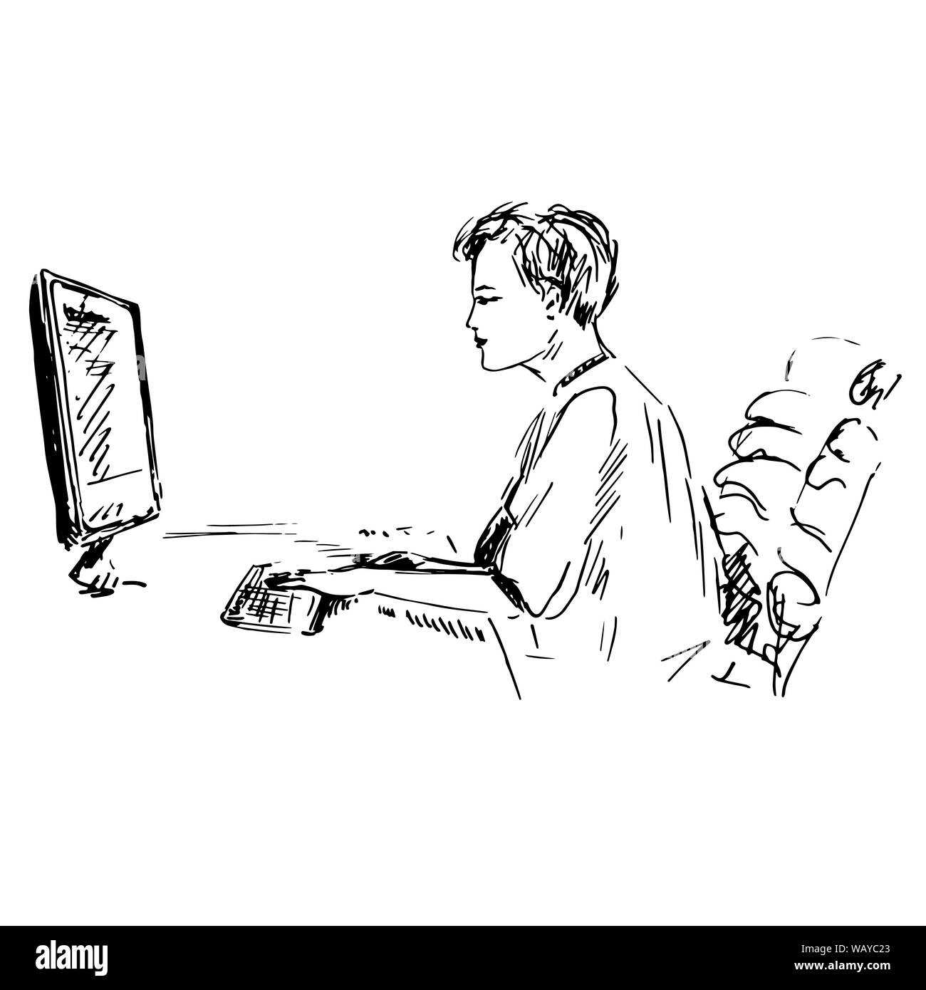 Woman working on computer, hand drawn doodle, sketch, black and white ...