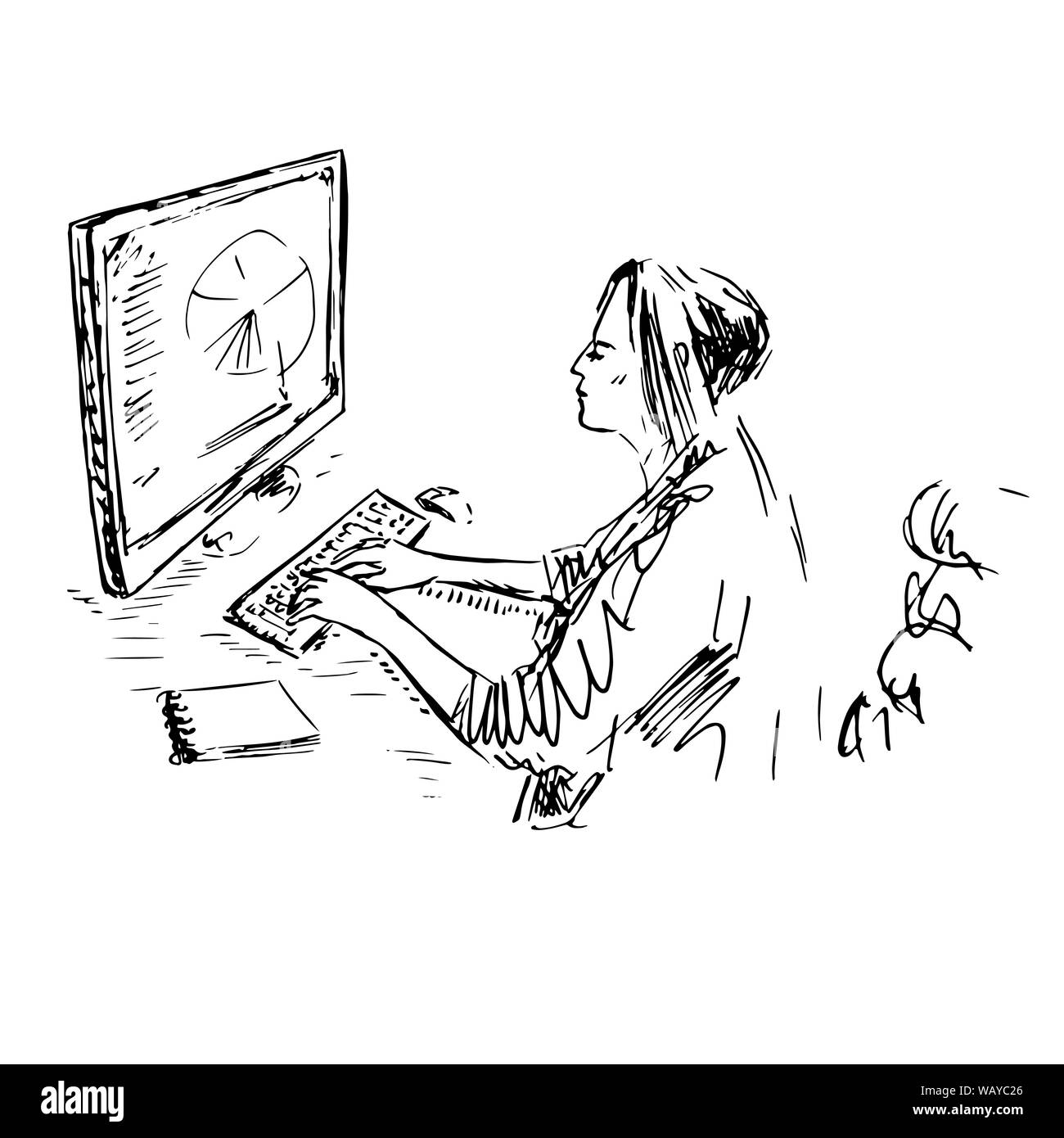 Woman working on computer with charts, hand drawn doodle, sketch, black ...