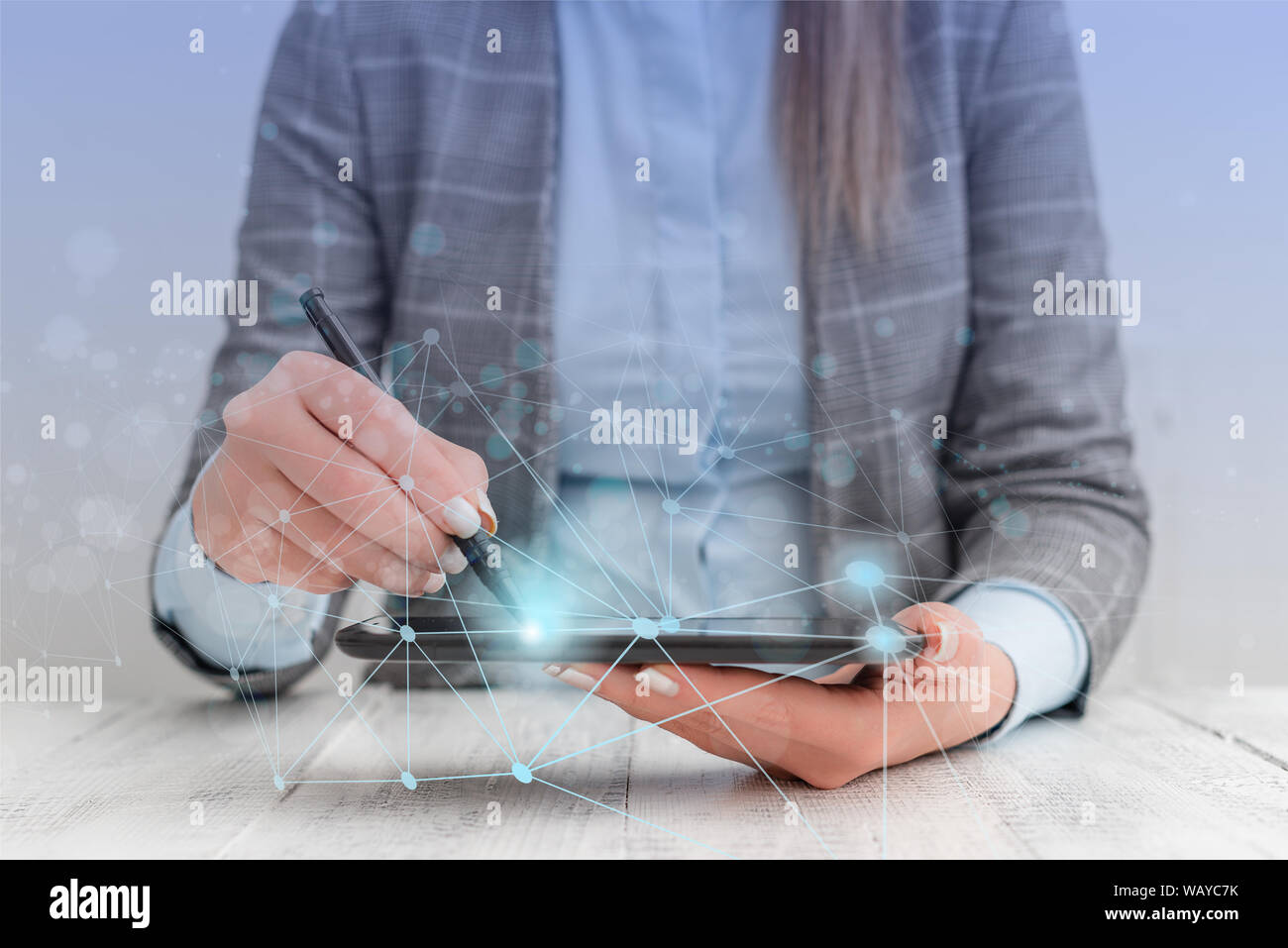 Female human wear formal work suit presenting presentation use smart ...