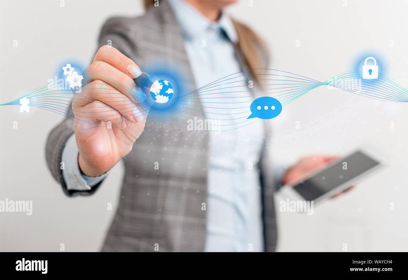 Female human wear formal work suit presenting presentation use smart ...