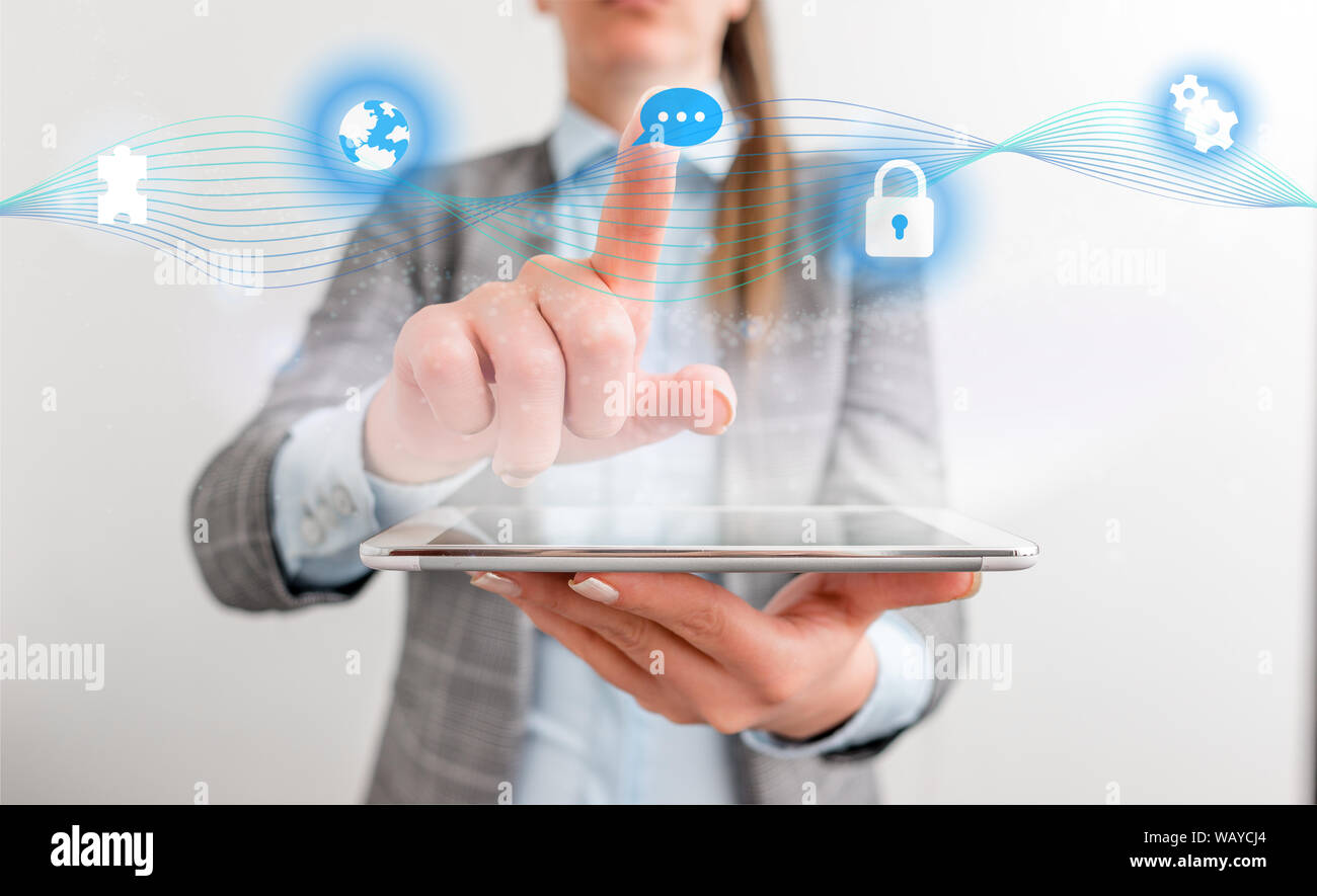 Female human wear formal work suit presenting presentation use smart ...