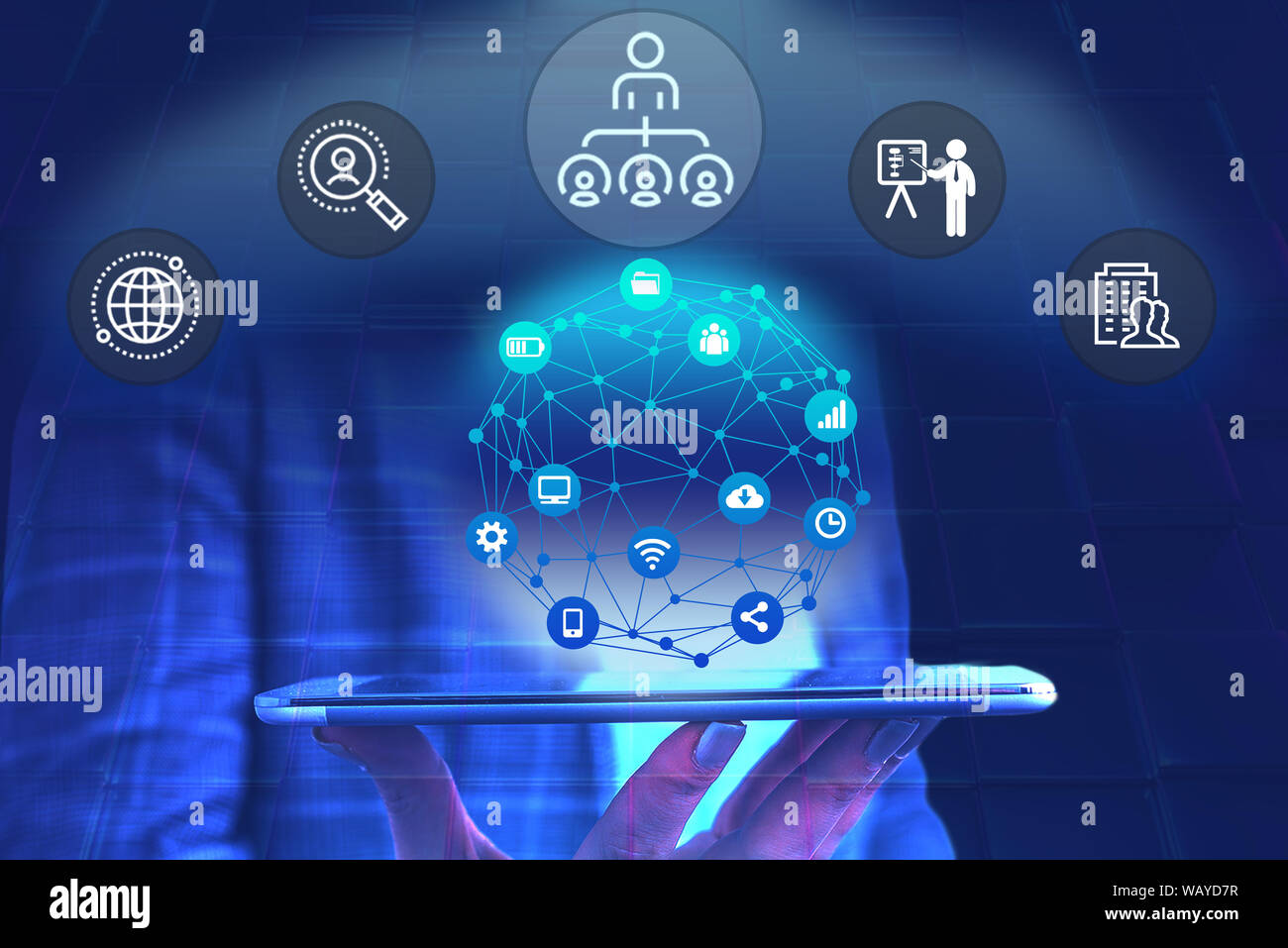 Male human wear formal work suit presenting presentation using smart ...