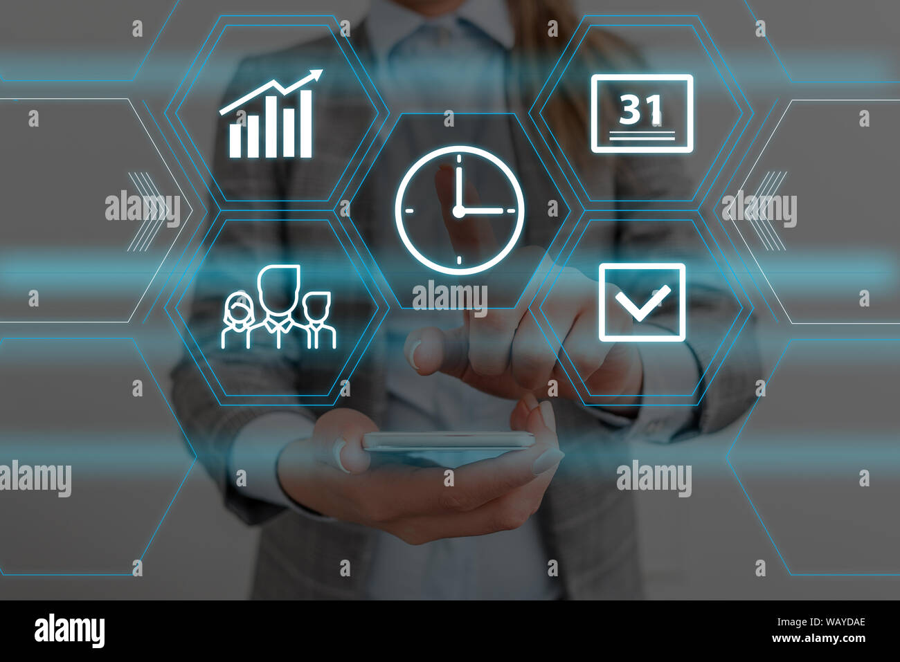 Woman wear formal work suit presenting presentation using smart device ...