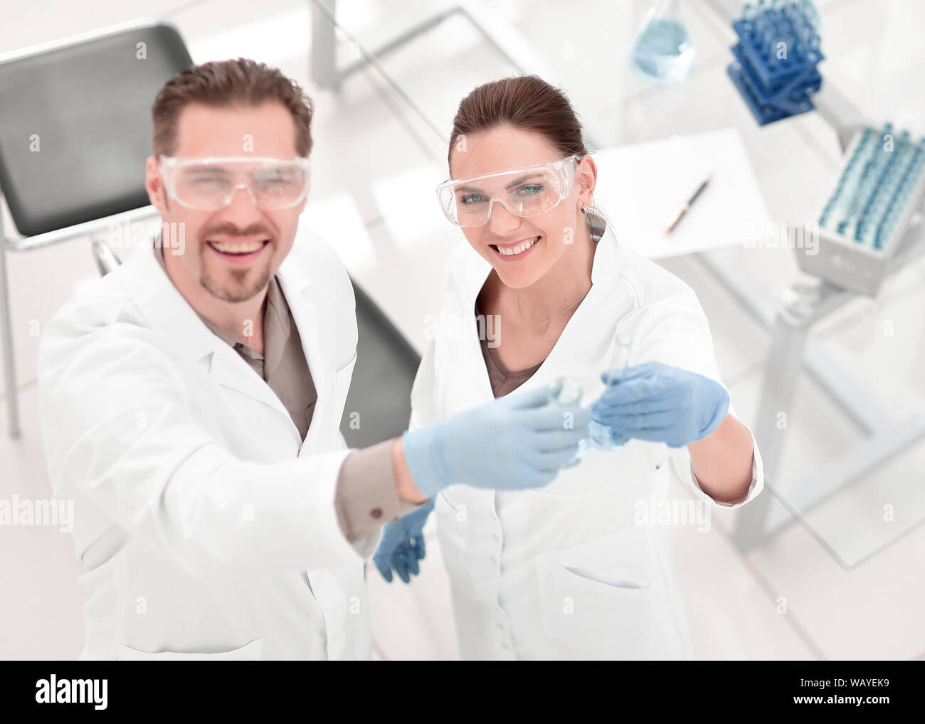 top view.the researchers showing the results of their research Stock ...