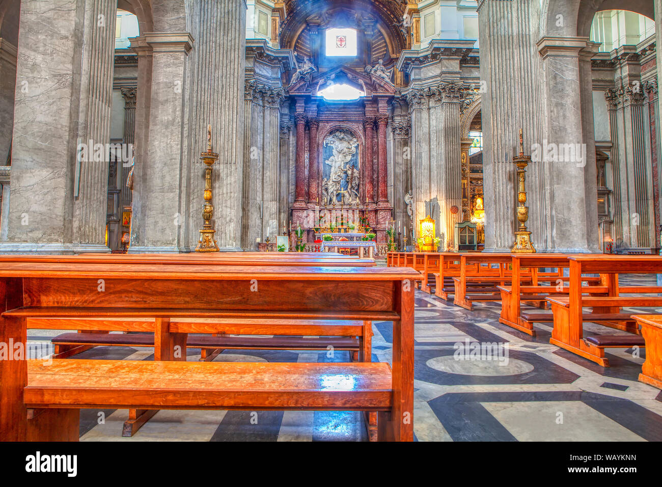 Wooden pews in a row in a catholic church Stock Photo - Alamy