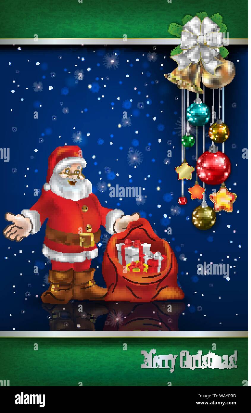 Abstract blue background with Christmas decorations and Santa Claus ...