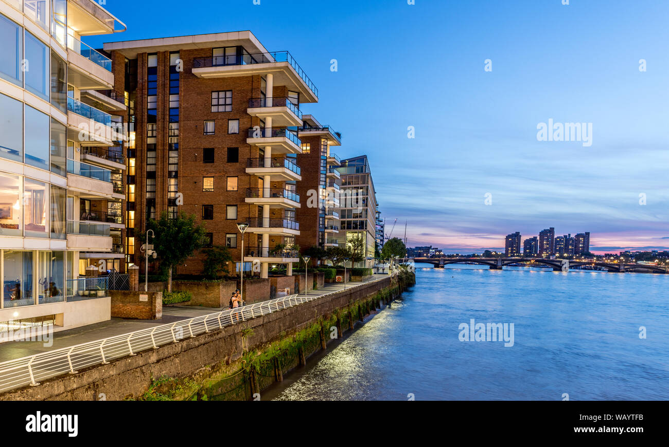 River Walk At Night By Albert Bridge London UK Stock Photo - Alamy