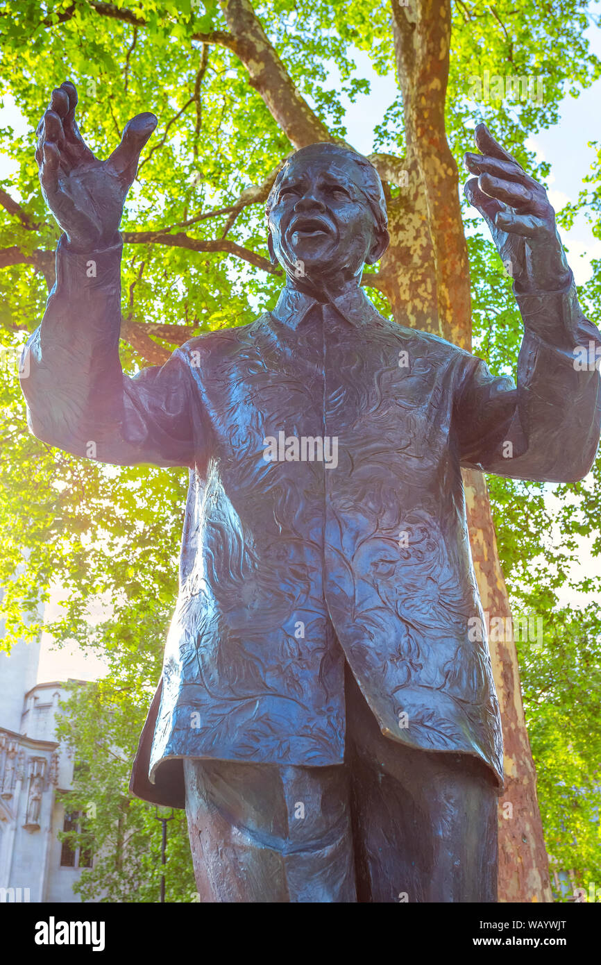 London, UK - May 13 2018: Statue of Nelson Mandela at the Parliament ...