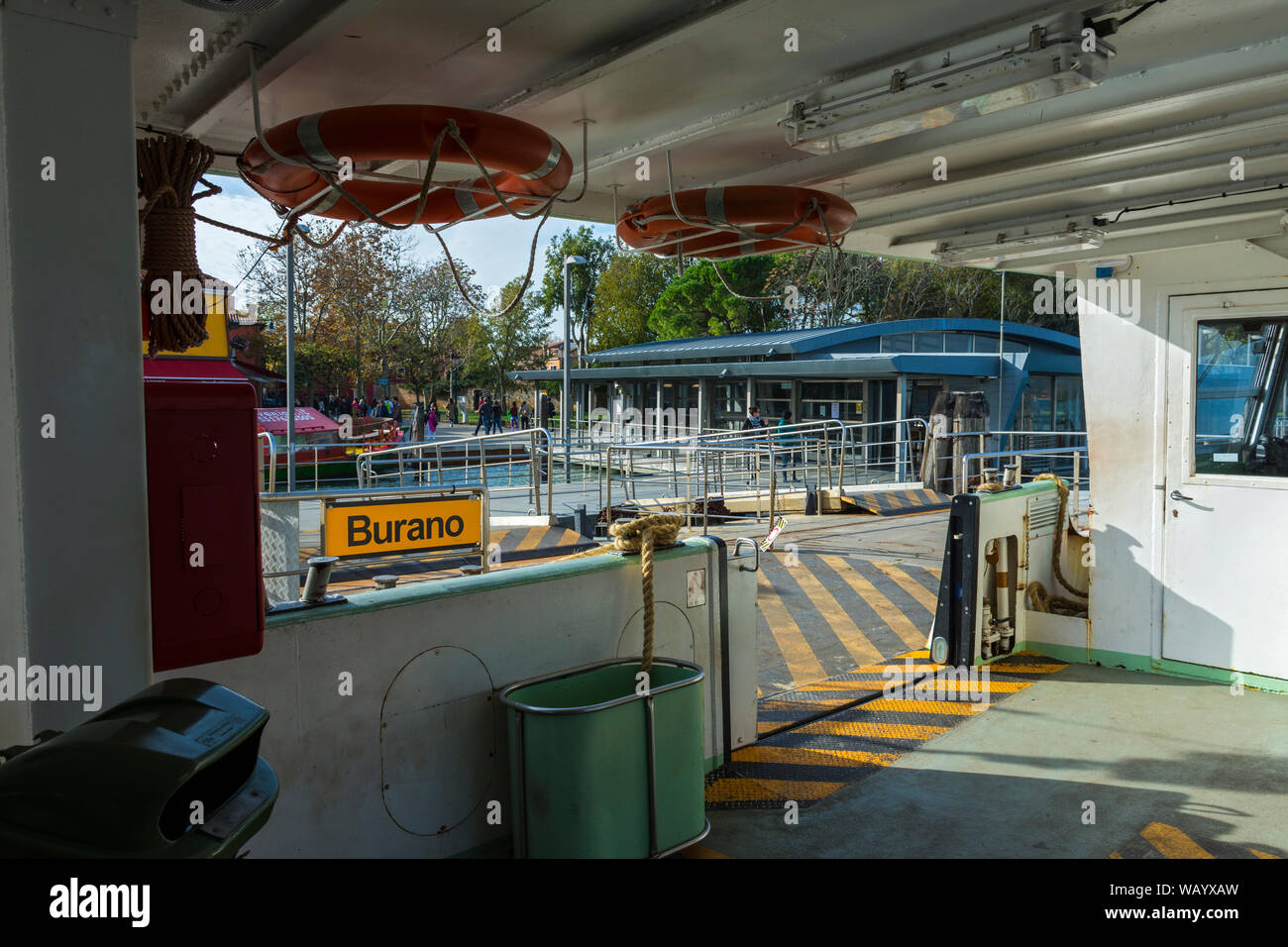 The Burano vaporetto water bus stop from the boat, Burano island ...