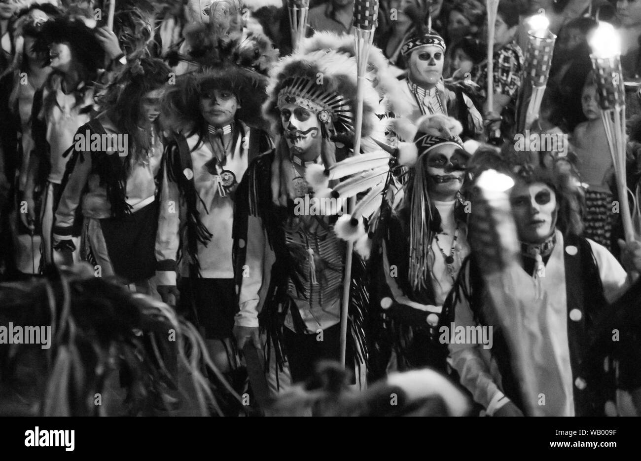 Native american indian warrior traditional custome parade with lights ...