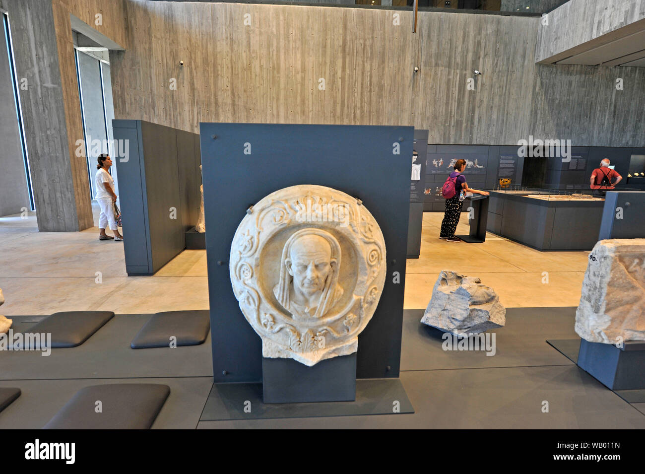 Interior view of architecture and displays with artifacts from ancient ...