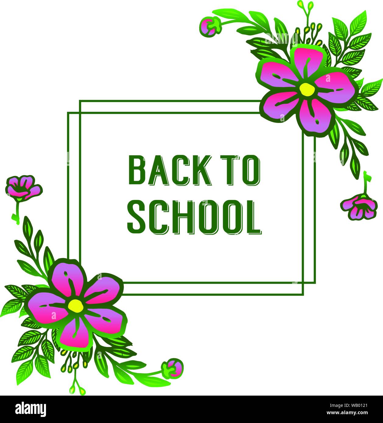 Card back to school, with design green leafy flower frame. Vector ...