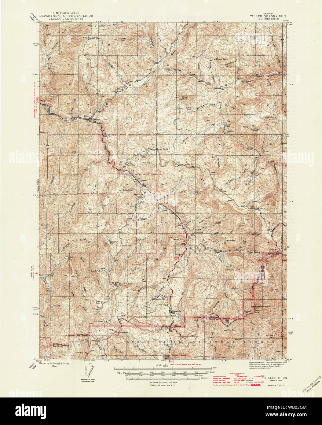 USGS Topo Map Oregon Tiller 282963 1944 62500 Restoration Stock Photo ...