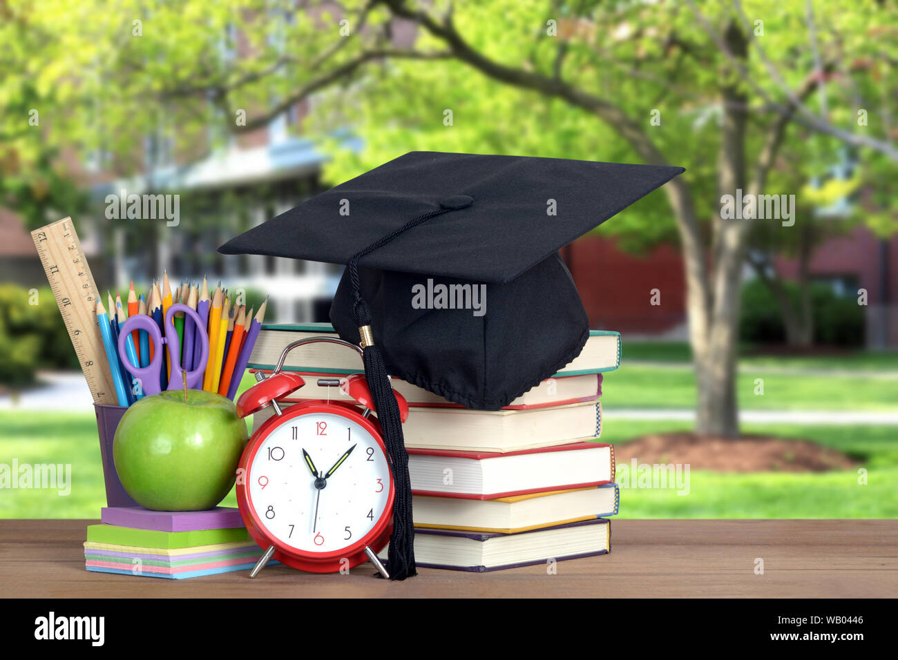 book, accessories, and campus for education concept Stock Photo - Alamy