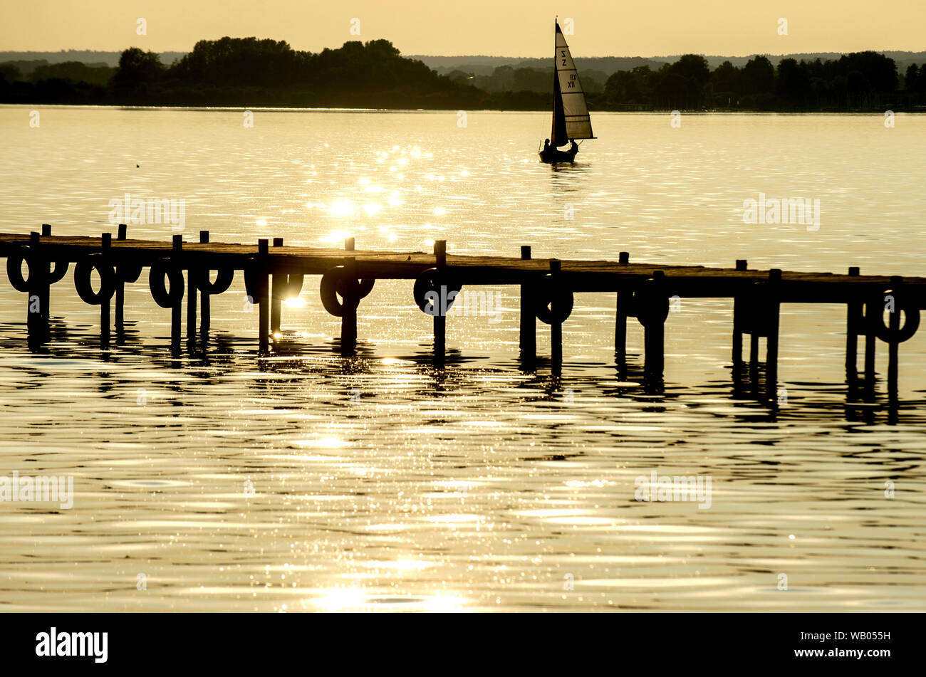 Lembruch, Germany. 22nd Aug, 2019. A sailboat is sailing in the evening ...