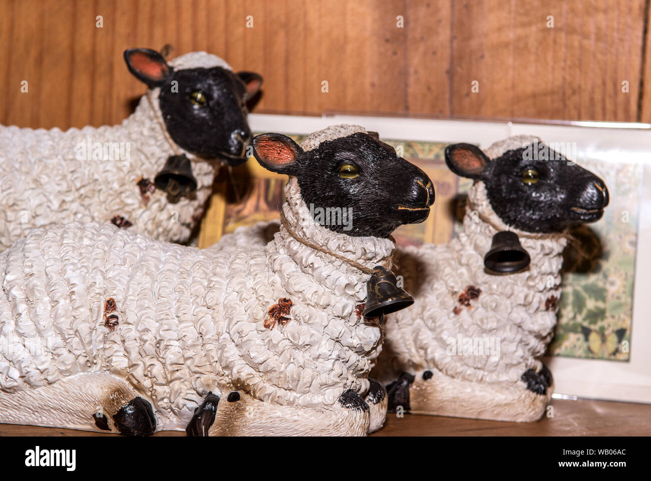 Ceramic Vintage kneeling Sheep Figurine with black faces and bell with ...