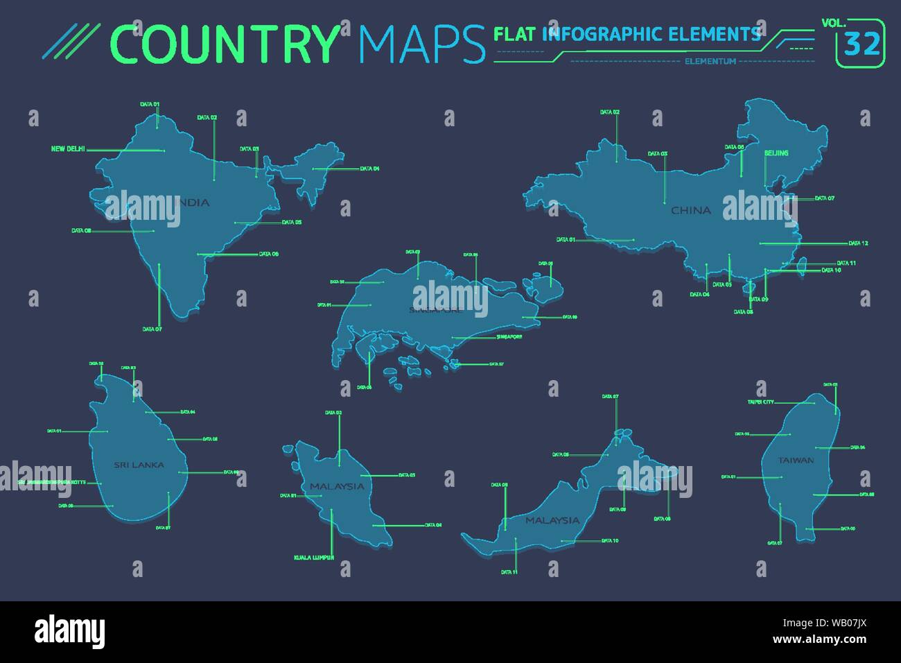 Flat vector maps collection with infographic elements Stock Vector ...