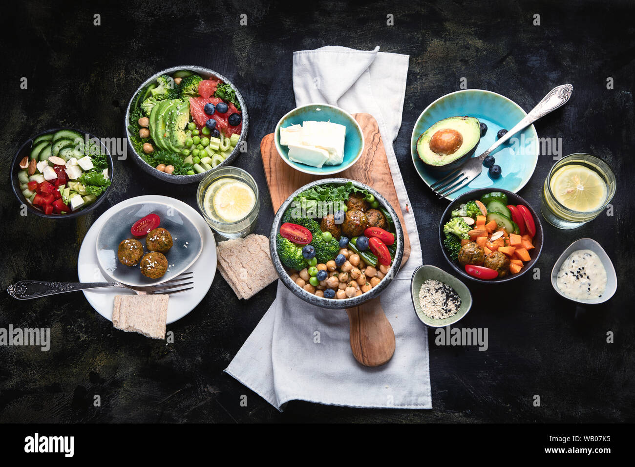Healthy vegetarian dinner table setting. Healthy cooking concept. Clean ...