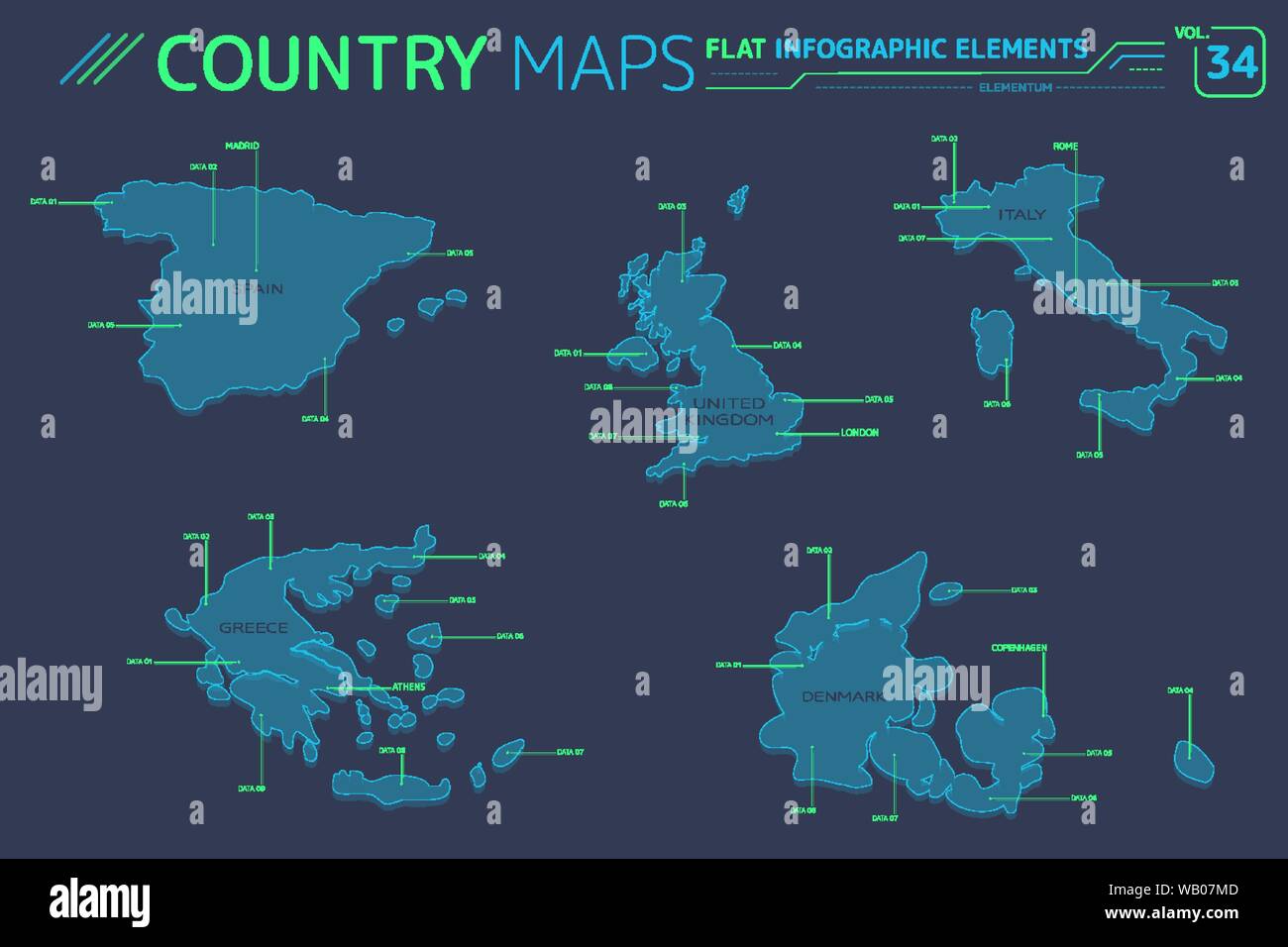 Flat vector maps collection with infographic elements Stock Vector ...