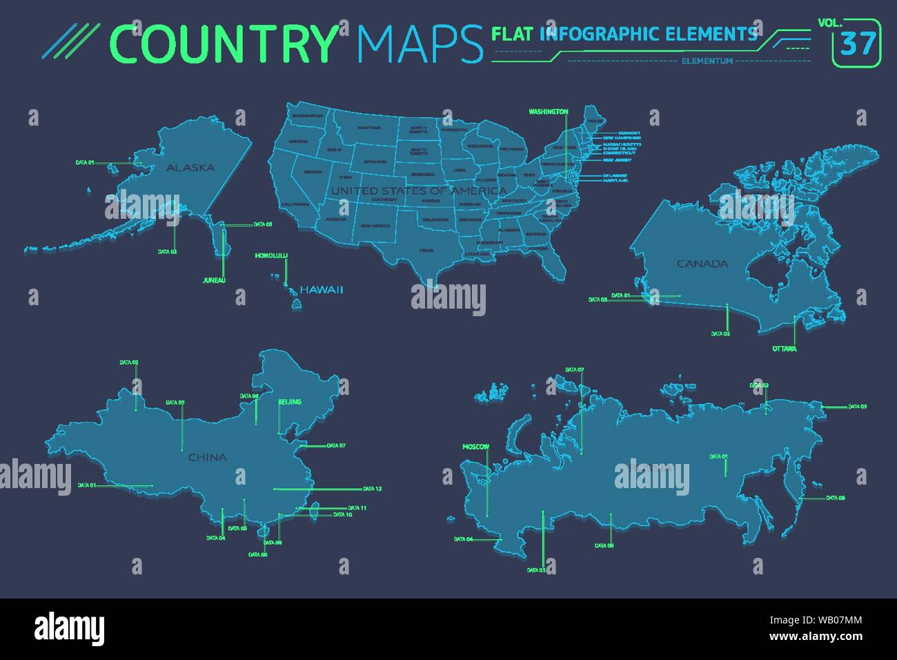 Flat vector maps collection with infographic elements Stock Vector ...