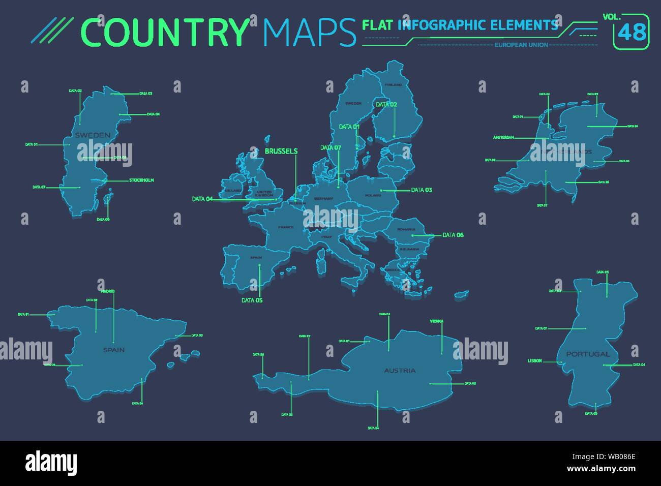 Flat vector maps collection with infographic elements Stock Vector ...