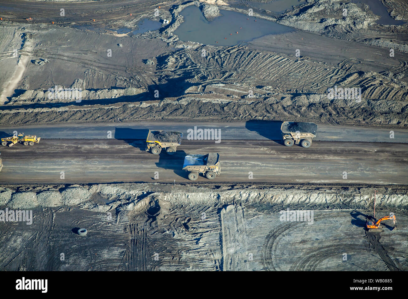 Giant trucks haul bitumen rich ore from mining operations to oil sands ...