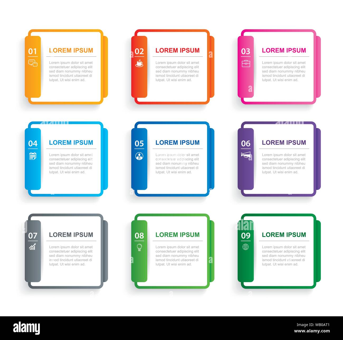 Infographics rectangle paper index with 9 data template. Vector ...