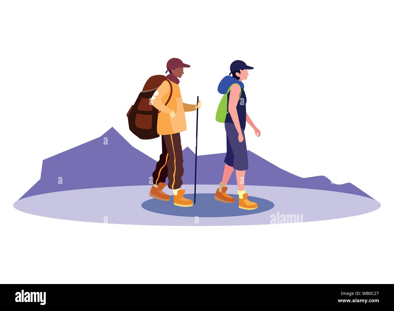 young men backpacker in mountain landscape vector illustration Stock ...