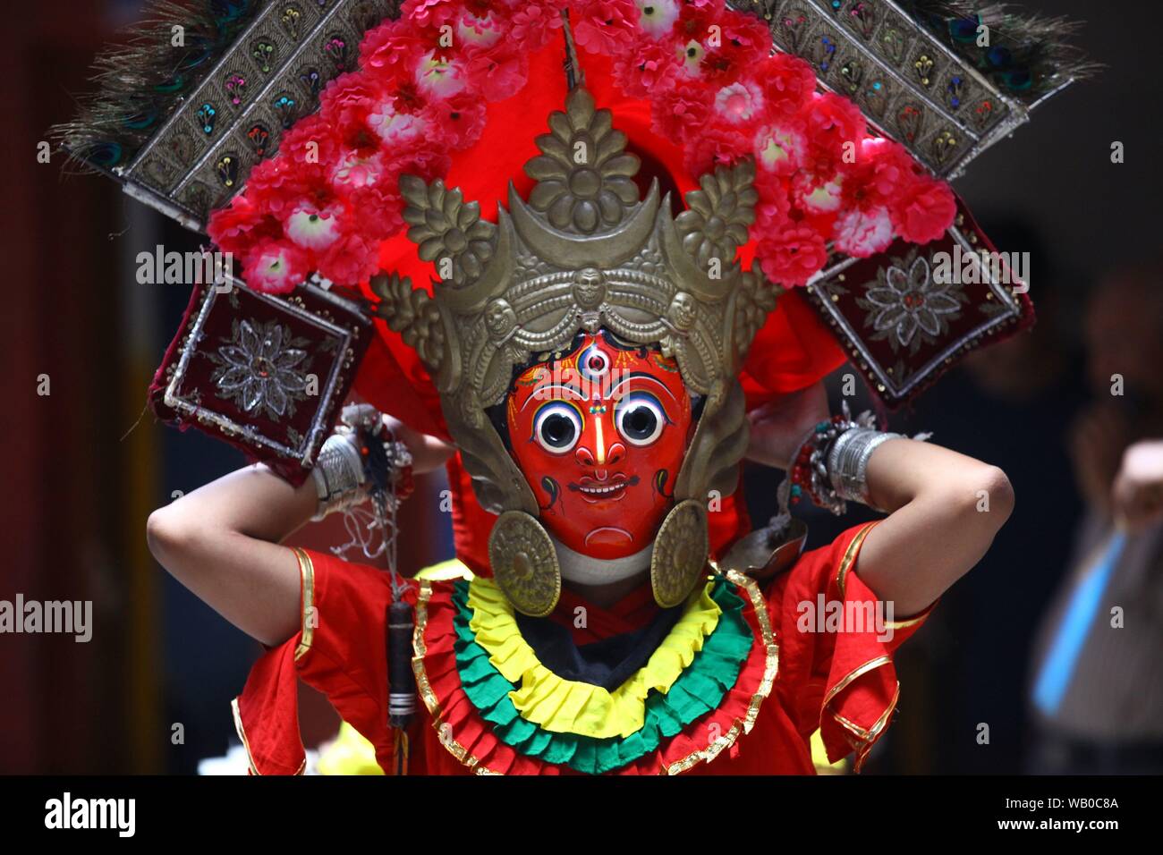 Bhaktapur, Nepal. 22nd Aug, 2019. A mask dancer performs during the ...