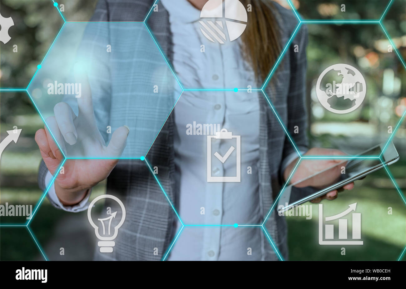 Female human wear formal work suit presenting presentation use smart ...