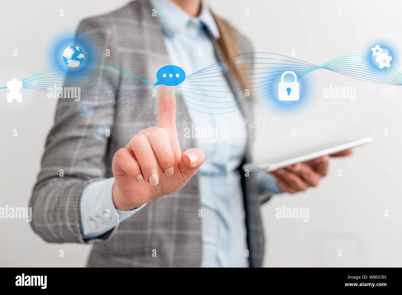 Female human wear formal work suit presenting presentation use smart ...