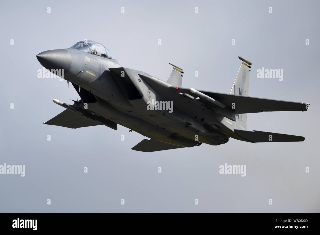 An F-15C Eagle assigned to the 493rd Fighter Squadron takes off at Royal Air Force Lakenheath ...