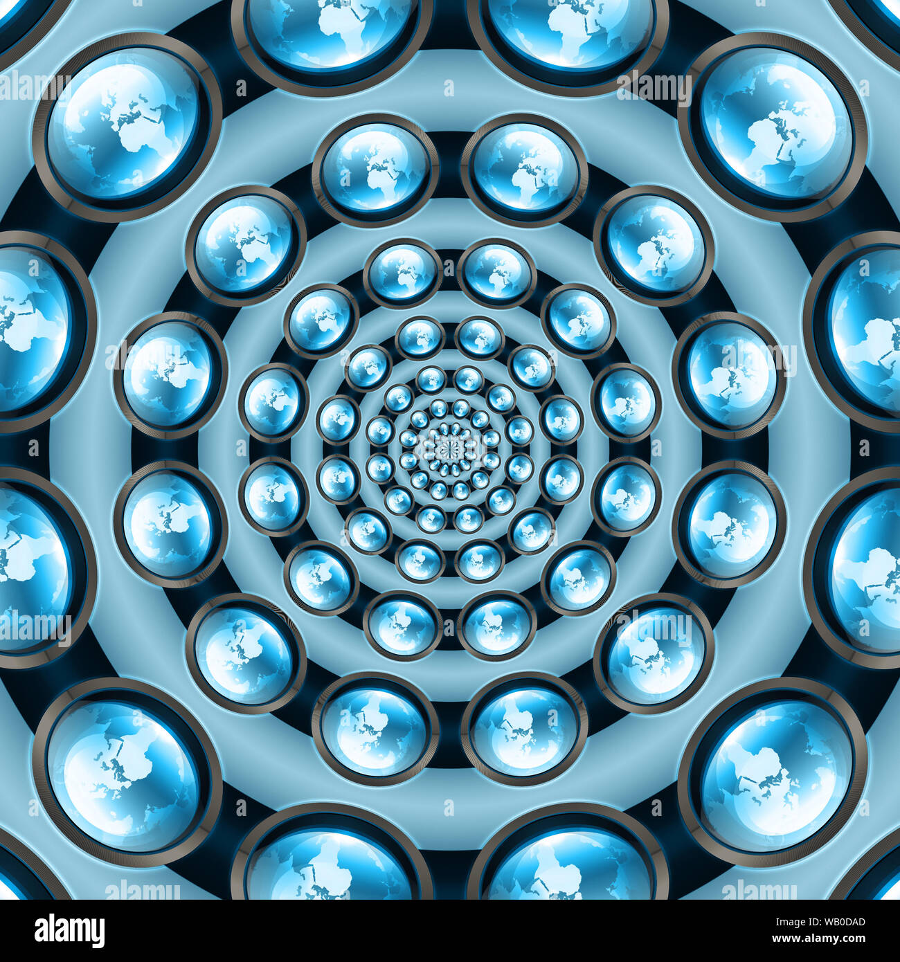 Abstract blue earth button fading in tunnel, kaleidoscope background ...