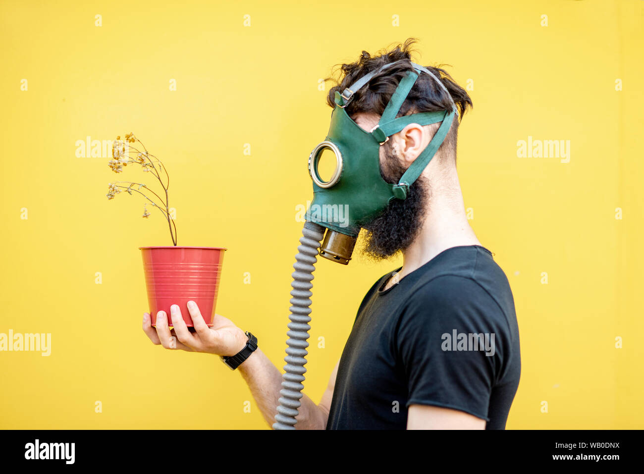Portrait of a sad man with gas mask and dried flowerpot on the yellow ...