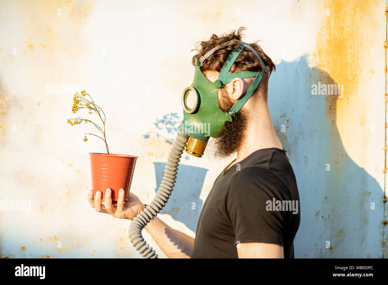 Portrait of a sad man with gas mask holding dried flowerpot on the grey ...