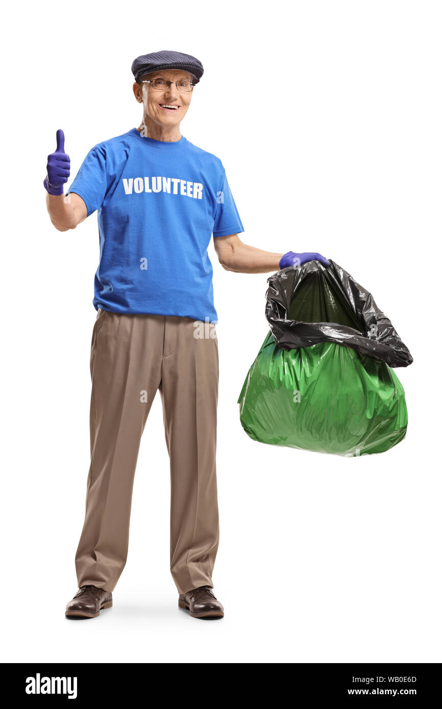 Full length portrait of an elderly volunteer holding a plastic garbage ...