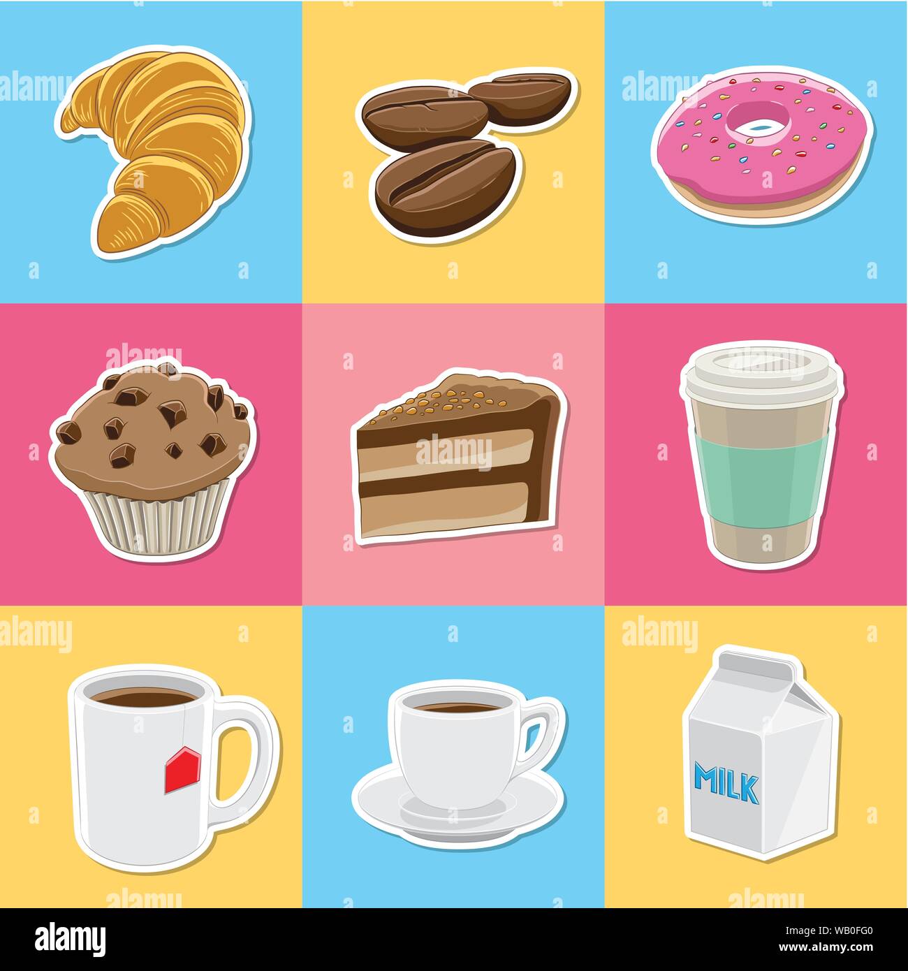 Vector Illustration of Coffee and Breakfast Sticker Icons on Colorful ...