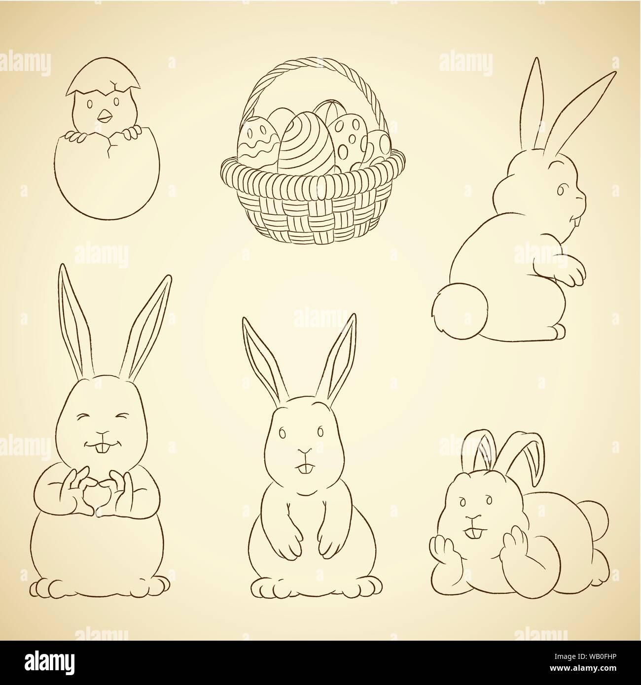 Vector Illustration of Charcoal Vector Drawings of Easter Bunnies Eggs ...