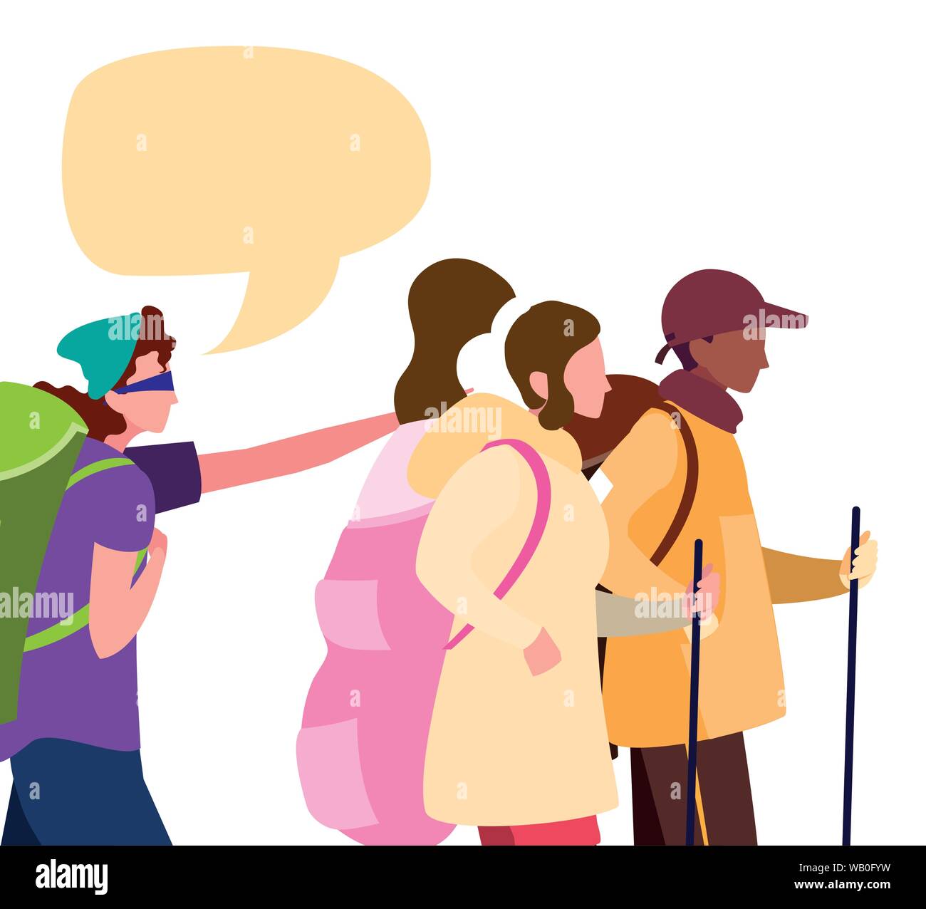 young group people with backpacks hiking wanderlust vector illustration ...