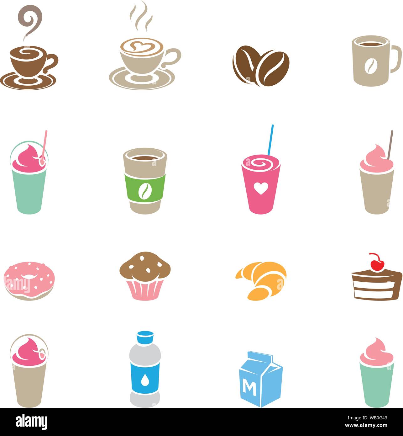 Vector Illustration of Colorful Coffee and Breakfast Icons on a White ...