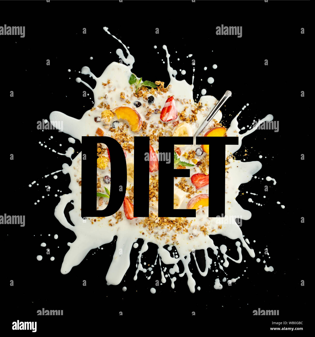 Concept of diet and balanced nutrition. banner. Splash of yogurt with ...