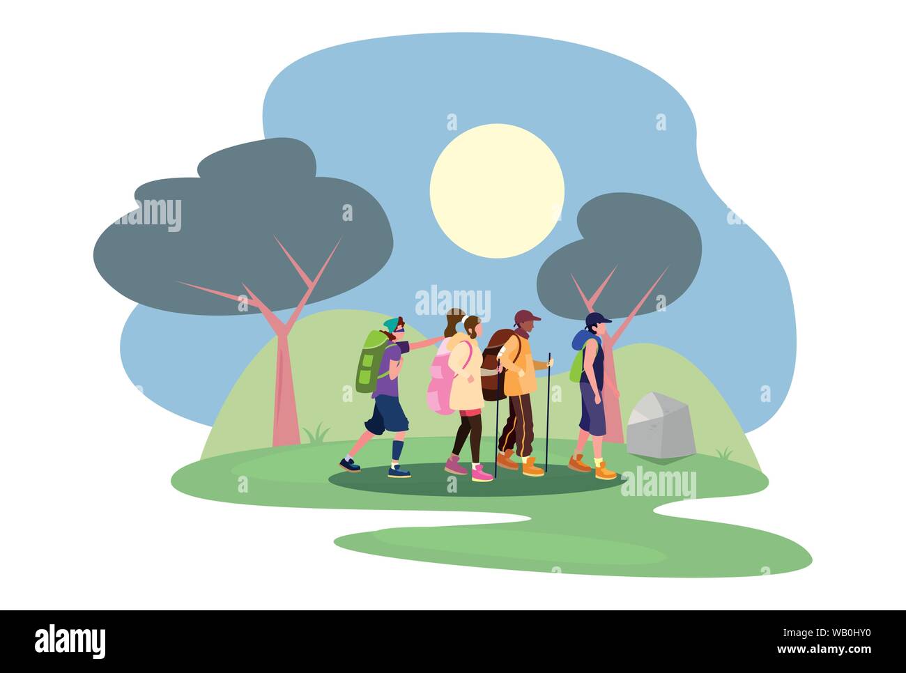 young group people with backpacks hiking wanderlust vector illustration ...