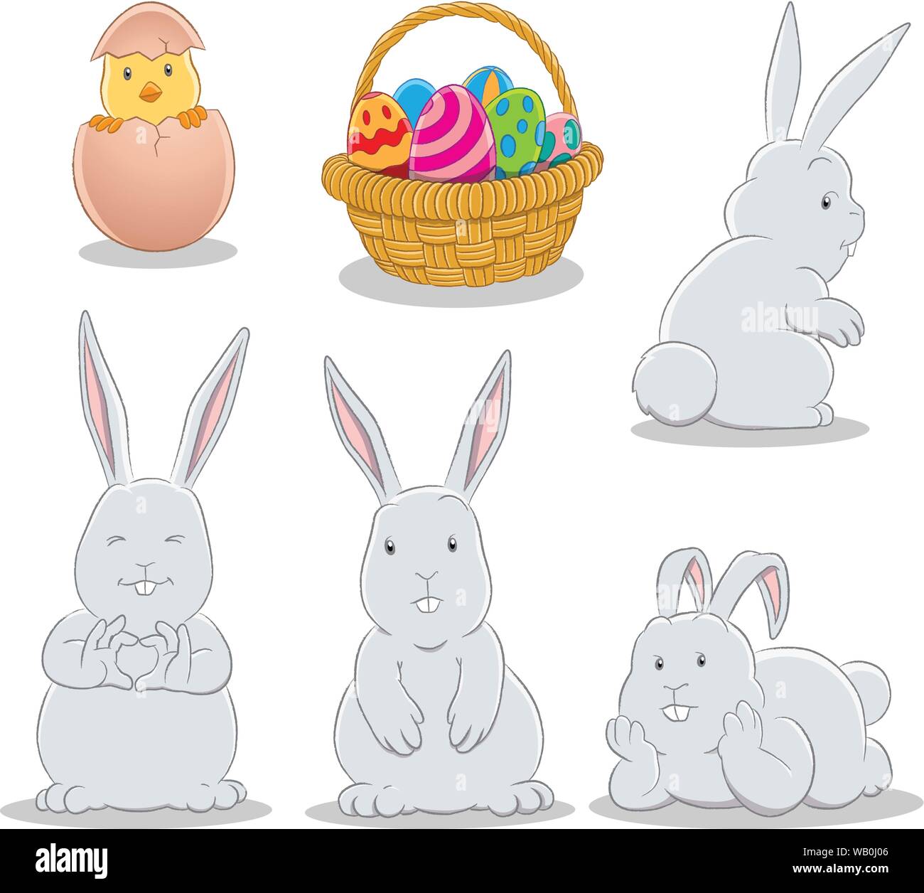 Vector Illustration of Easter Bunnies Eggs Basket and a Chick on a ...