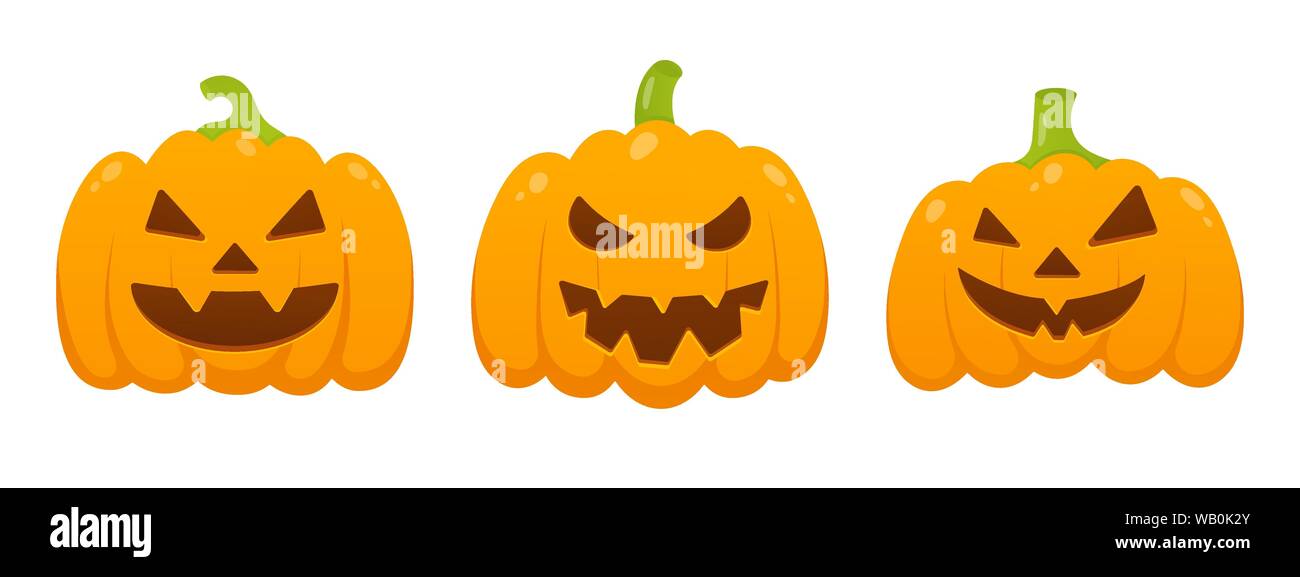 3 orange halloween pumpkins set with scary face expression grimace flat ...