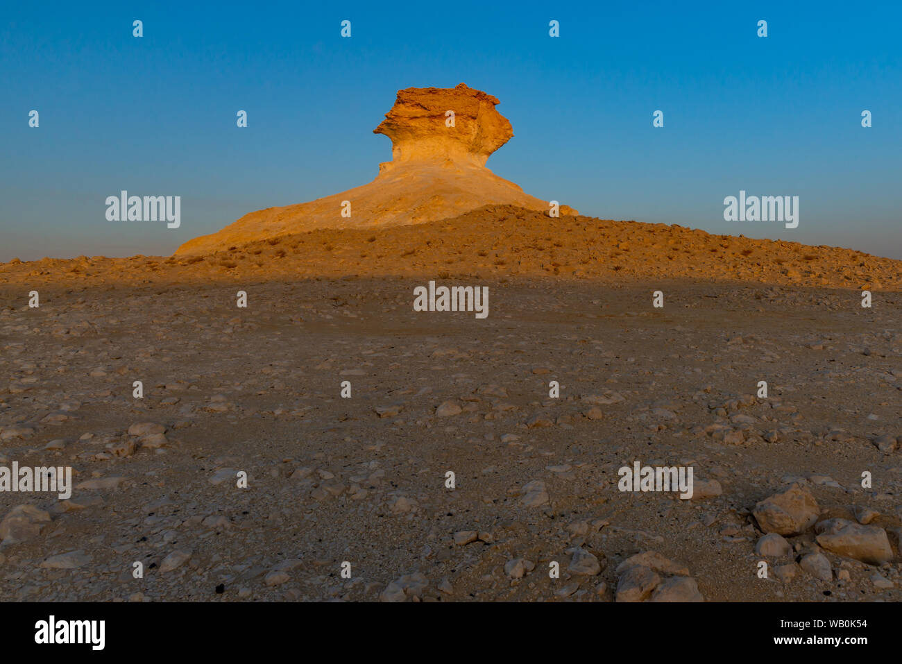 Rock formation mimicking a sphinx head in the Qatar desert at sunset ...