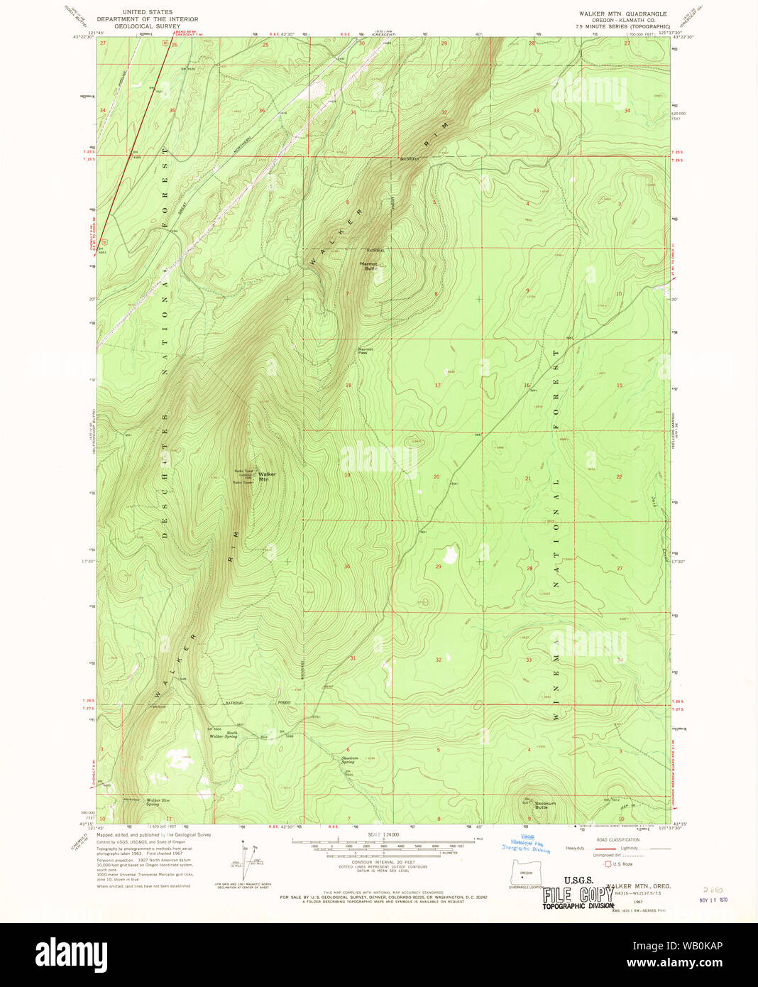 USGS Topo Map Oregon Walker Mtn 281993 1967 24000 Restoration Stock ...
