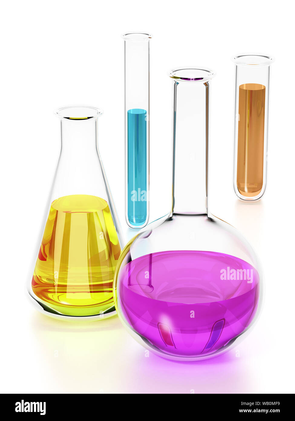 Laboratory tubes with colorful liquids isolated on white background. 3D ...